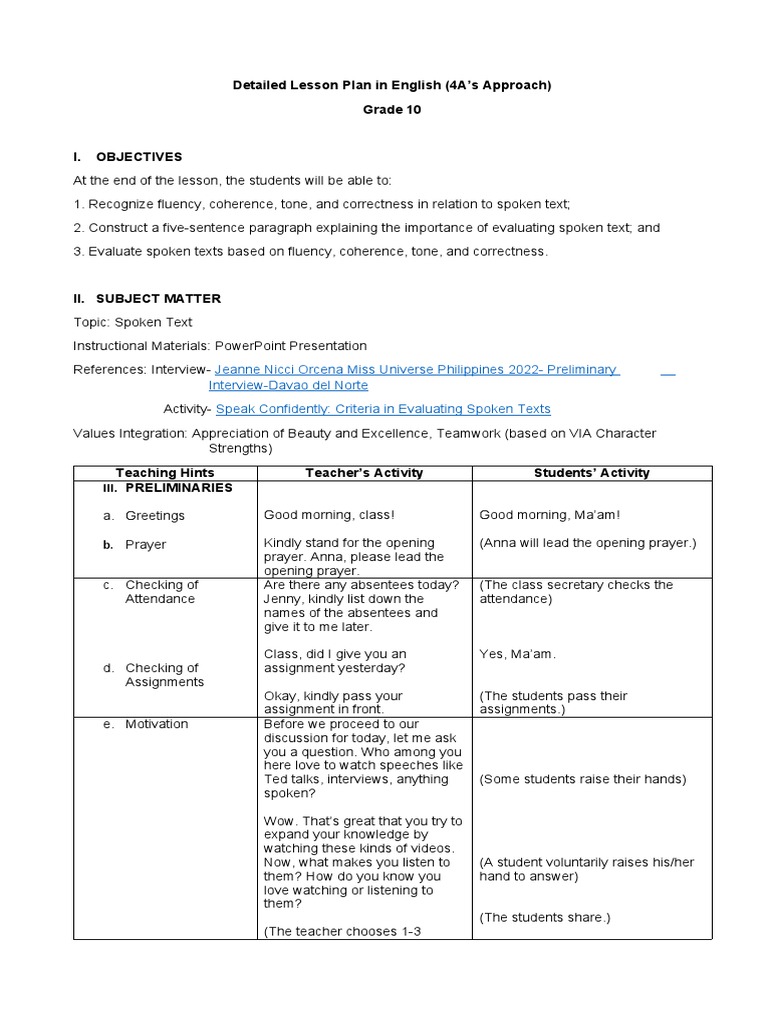 Detailed Lesson Plan in English (4a's Approach) Grade 10 | Download ...