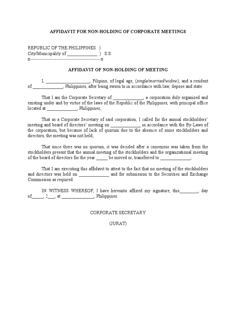 Affidavit For Non-Holding of Corporate Meetings | PDF