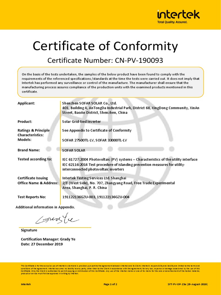 Intertek Certificate for SOFAR Inverters | PDF | Photovoltaics ...