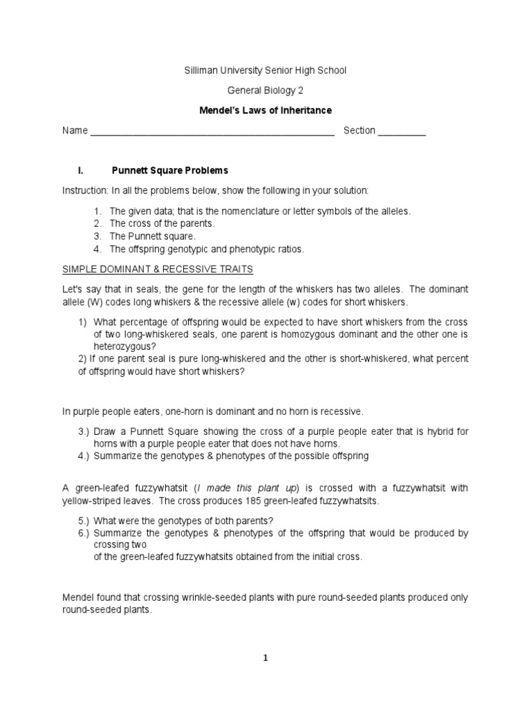 Worksheet Mendels Laws Of Inheritance Pdf Dominance Genetics