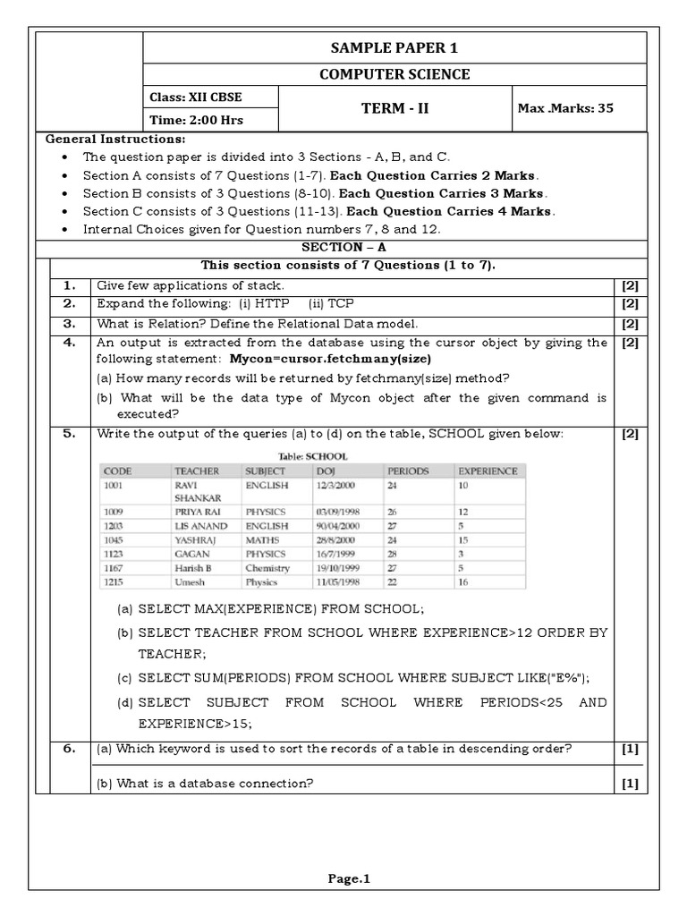 Class Xii Cs - 10 Sample Papers | PDF | Computer Network | Databases