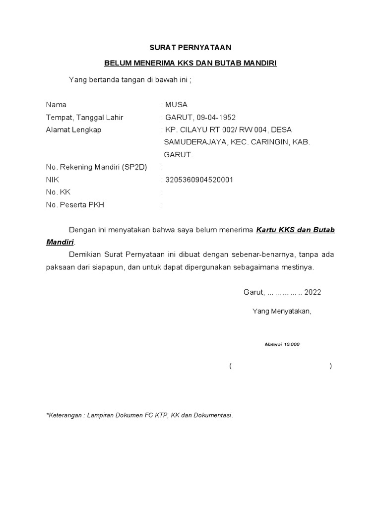 SURAT PERNYATAAN - Belum Menerima KKS Dan Butab PKH - 2021 (1) - 051608 ...