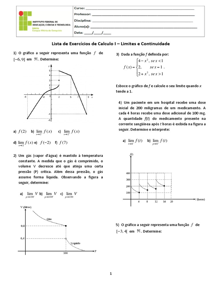 Lista De Exercícios De Calculo I Limites E Continuidade Pdf Função
