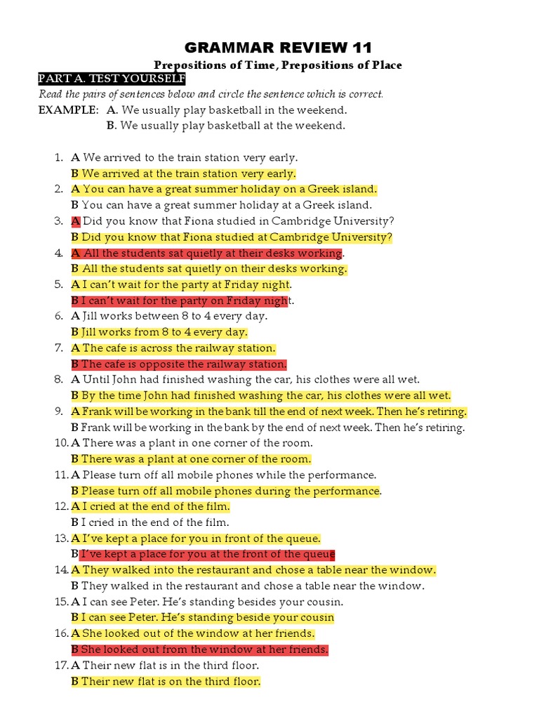 Grammar Review: Prepositions Guide | PDF | Preposition And Postposition