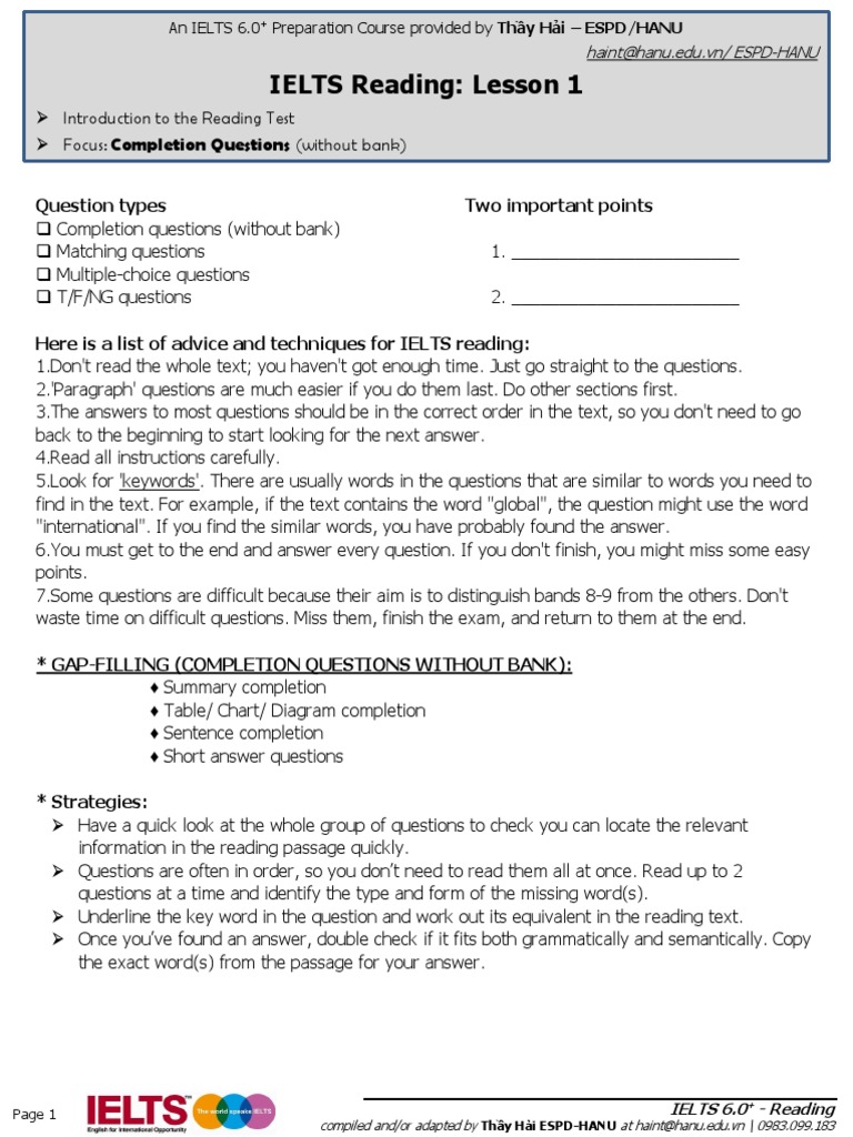 IELTS Reading: Lesson 1: Completion Questions (Without Bank) Question ...