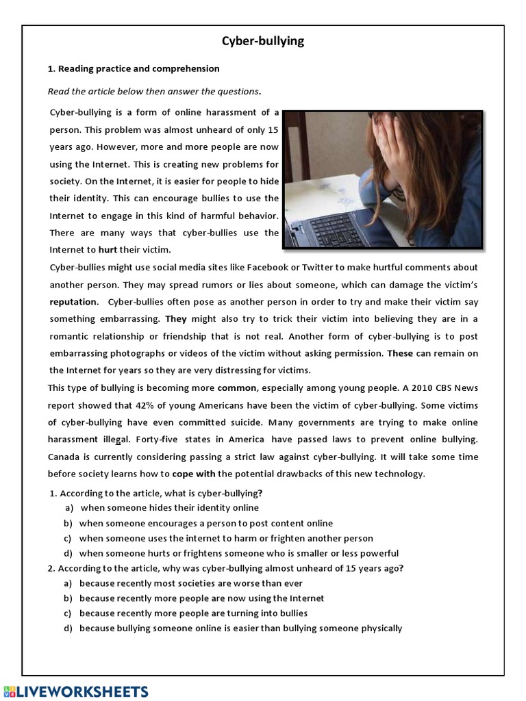 Cyber-Bullying: Read The Article Below Then Answer The Questions ...