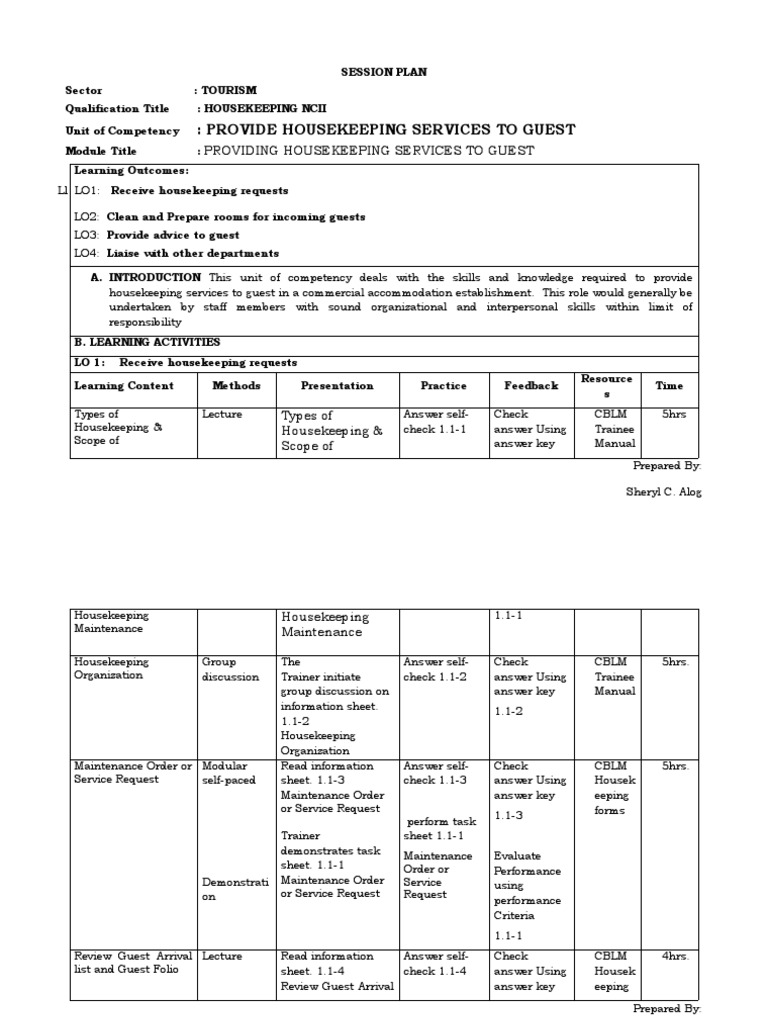 UC 1 OK Provide Housekeeping To Guest SESSION PLAN | PDF | Cognitive ...