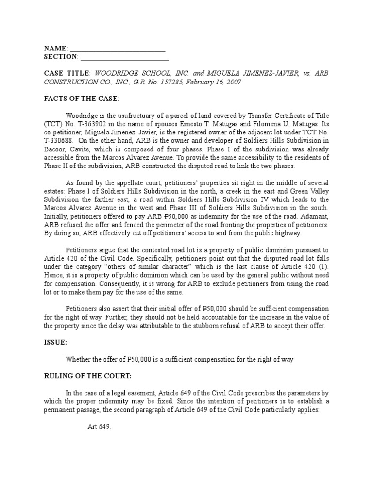 Sample Case Digest | PDF | Easement | Indemnity