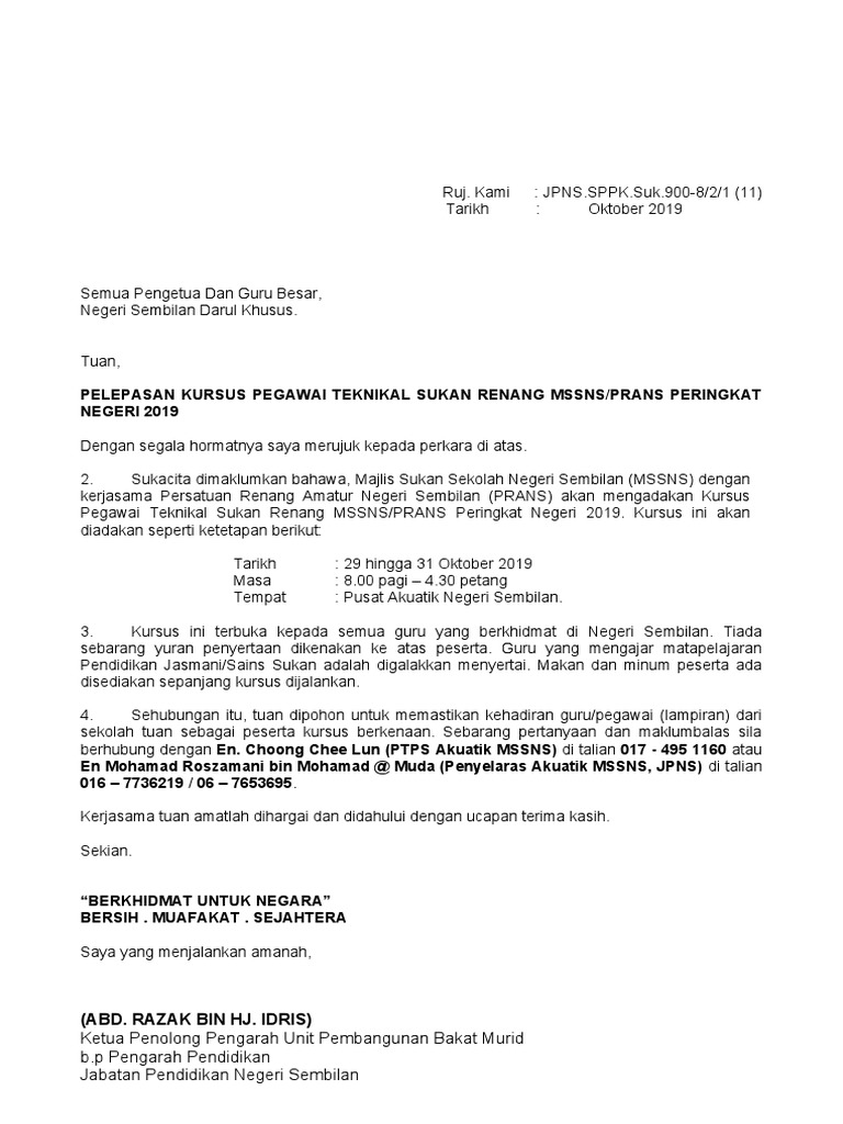 Contoh Pelepasan Kursus Pegawai Teknikal Renang MSSNS | PDF