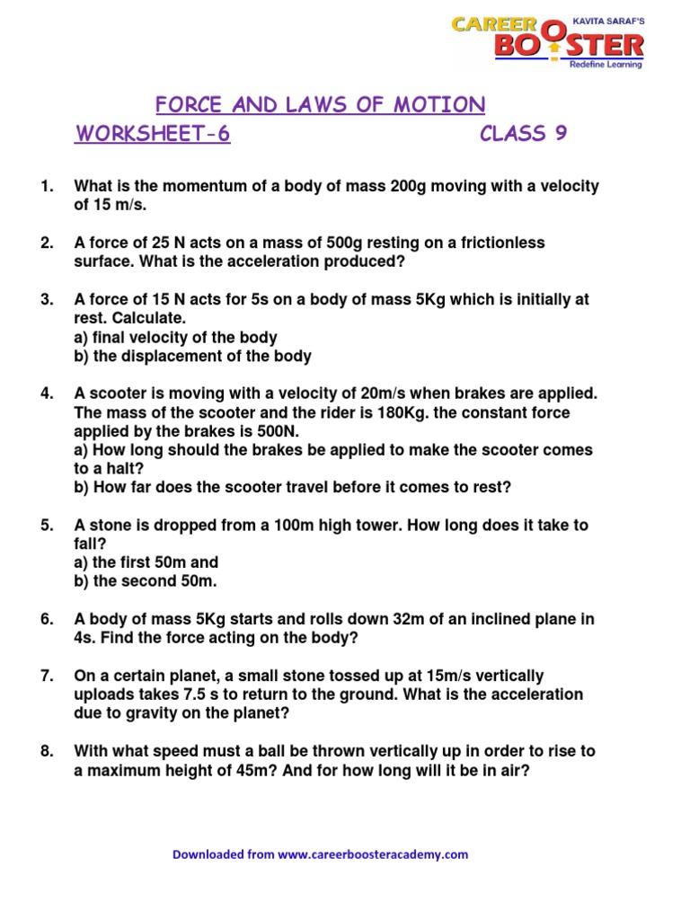 Class 9 Physics: Force & Motion Worksheet | PDF | Weight | Mass