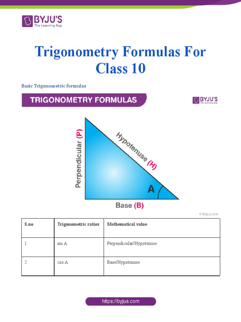 Trigonometry Formulas For Class 10 | Download Free PDF | Trigonometric ...