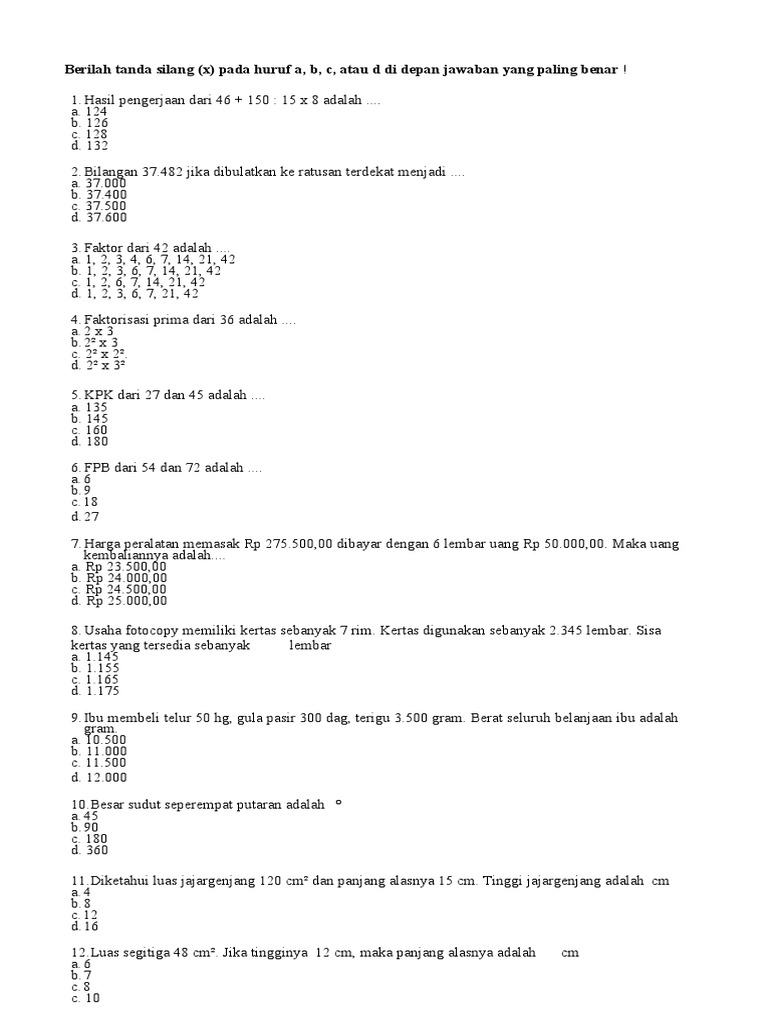 Soal Matematika Kelas 4 Pdf