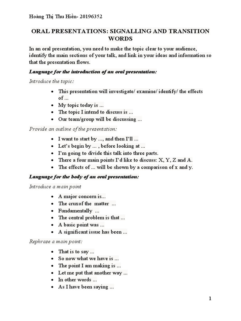 Oral Presentations: Signalling and Transition Words: Language For The ...