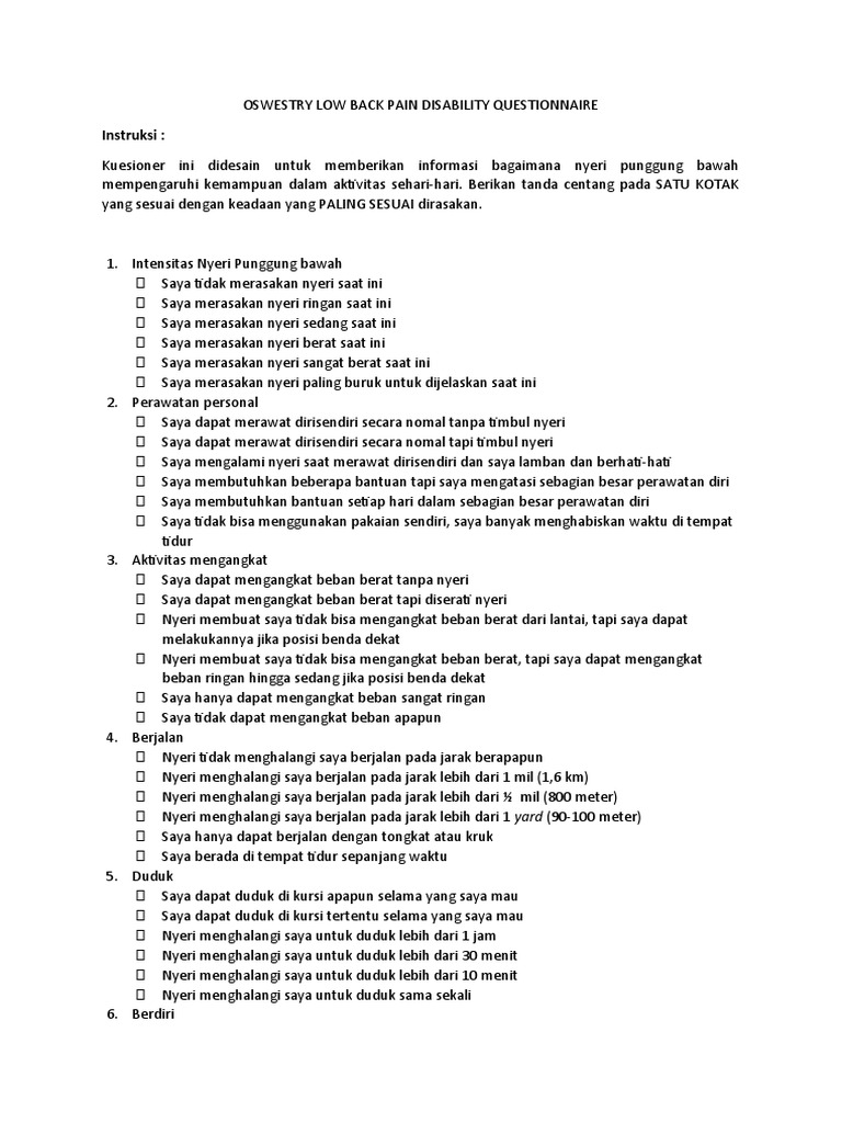Kuesioner Low Back Pain Oswestry | PDF Kuesioner Low Back Pain Oswestry | PDF