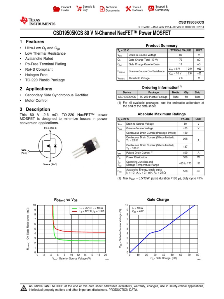 Csd19505Kcs 80 V N-Channel Nexfet™ Power Mosfet: 1 Features | PDF ...