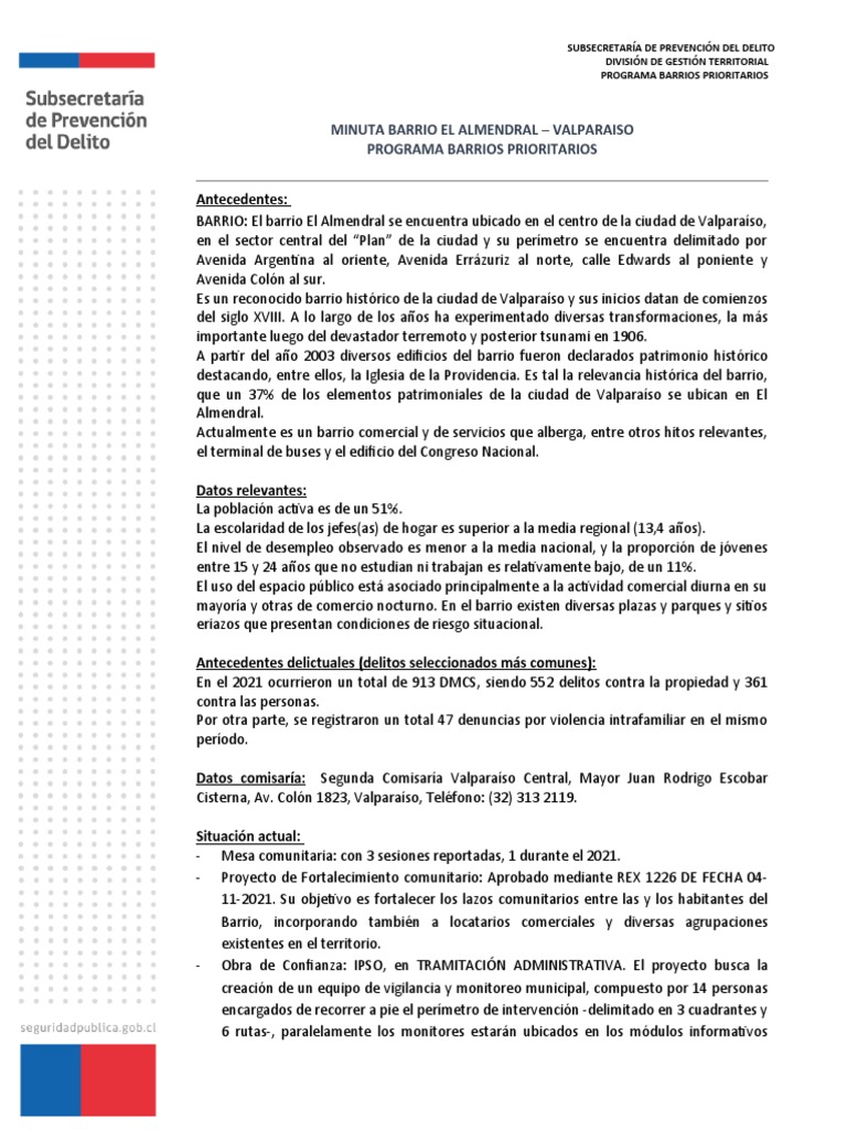 Minuta Barrio El Almendral Valparaíso | PDF | Negocios | Finanzas y dinero