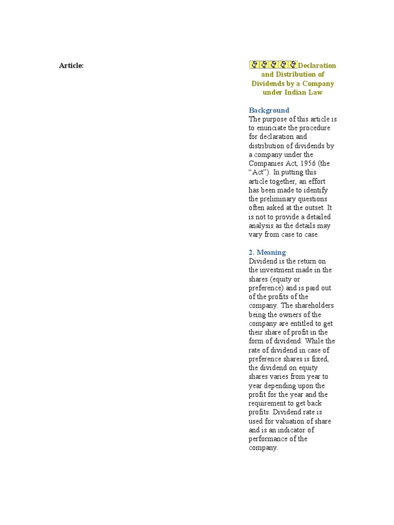 Declaration and Distribution of Dividends by A Company Under Indian Law ...