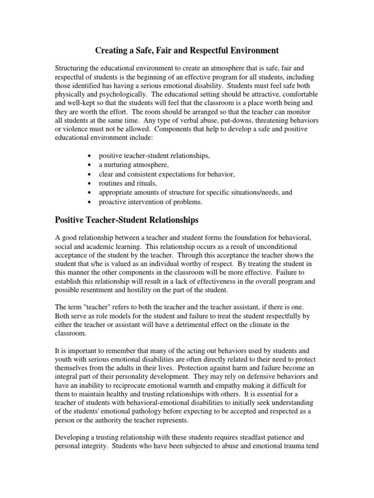 Creating A Safe, Fair and Respectful Environment | PDF | Teachers ...