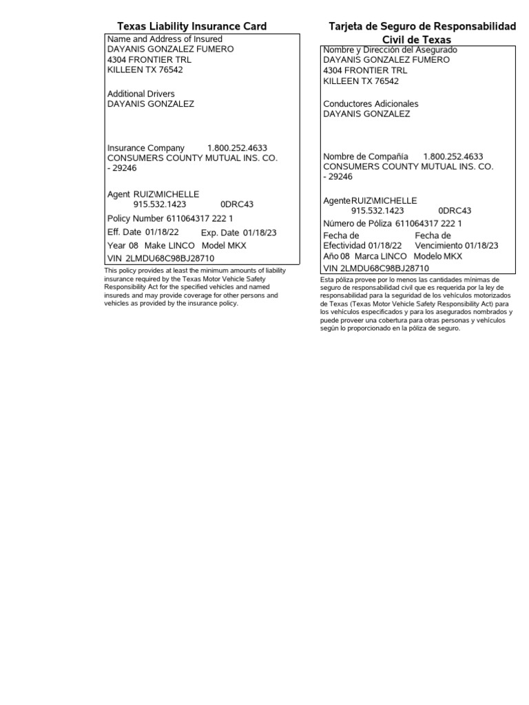 Texas Liability Insurance Card Tarjeta de Seguro de Responsabilidad ...
