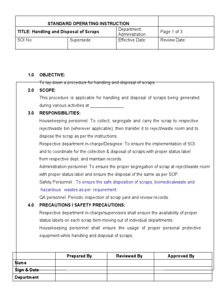 Standard Operating Instruction TITLE: Handling and Disposal of Scraps ...