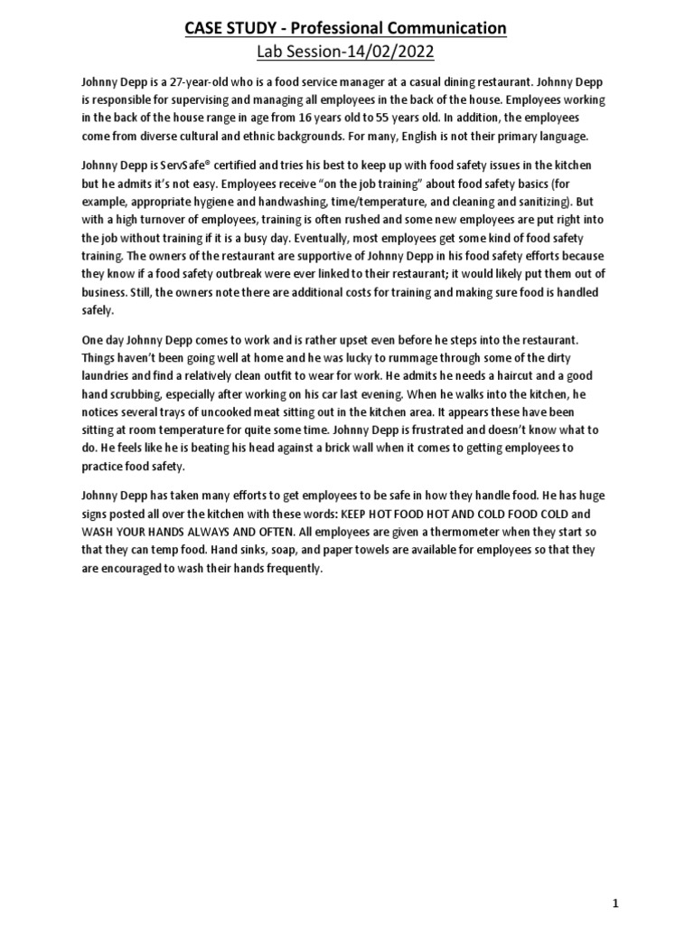 CASE STUDY - Professional Communication | PDF | Food Safety | Restaurants