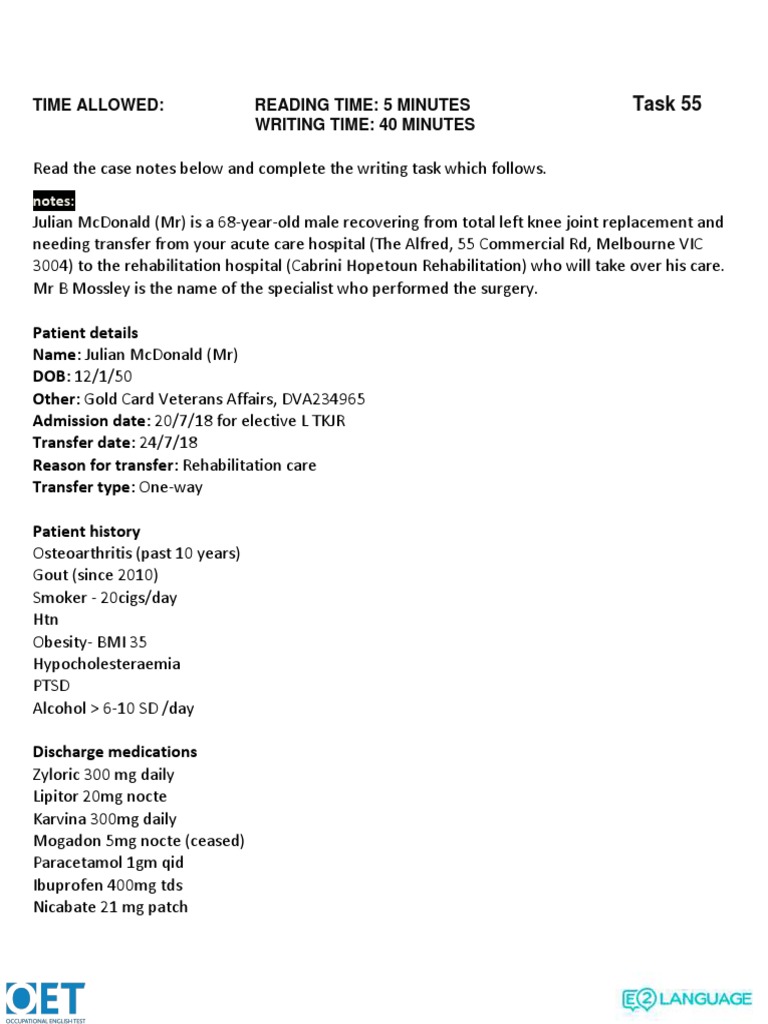 Transfer Letter Oet Writing Task Practice | PDF | Physical Therapy ...