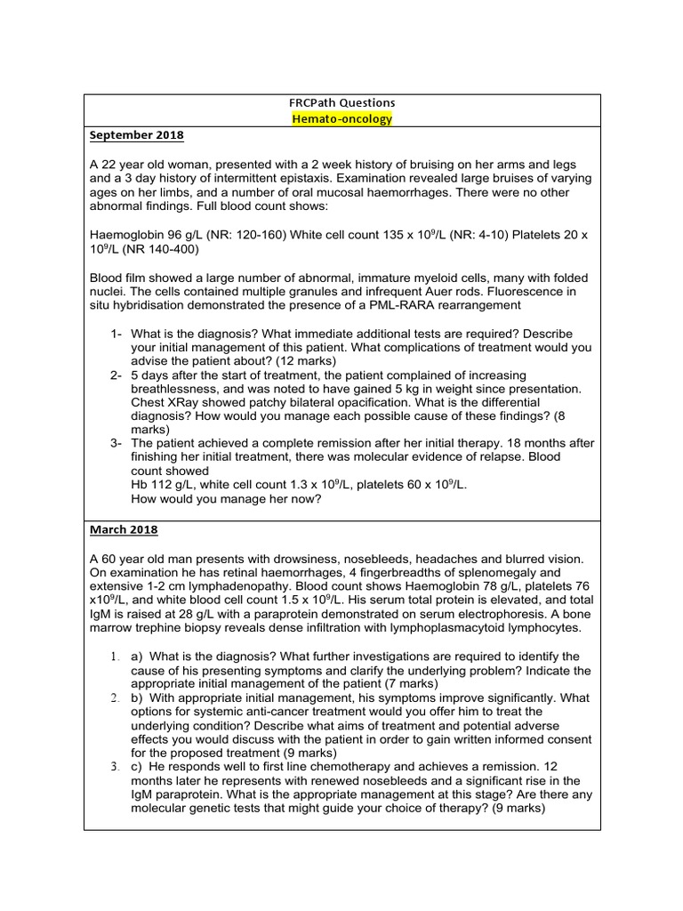 September 2018: Frcpath Questions Hemato-Oncology | PDF | Blood ...