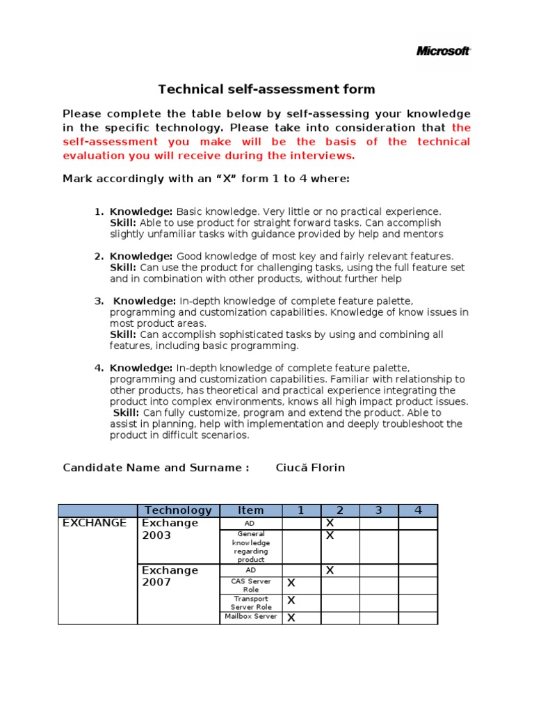 Technical Self-Assessment Form | PDF | Share Point | Active Directory