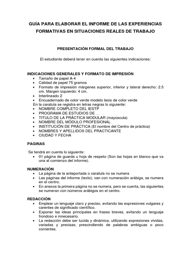 Guía para Elaborar El Informe de Las Experiencias Formativas en Situaciones Reales de Trabajo | PDF