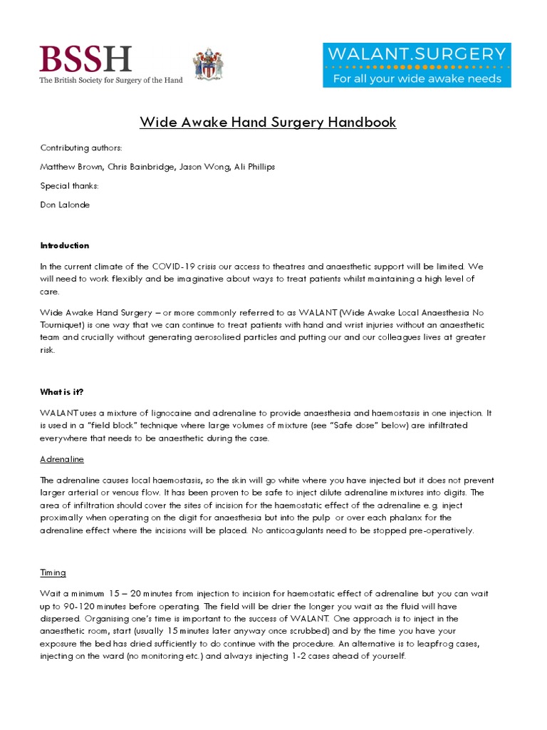 Wide Awake Hand Surgery Handbook v2 | PDF | Surgery | Hand