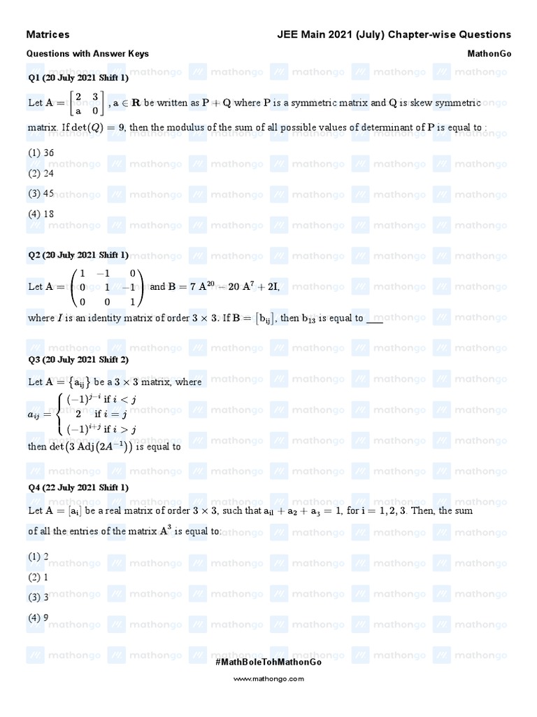 Matrices JEE Main 2021 (July) Chapter-Wise Questions | PDF | Matrix (Mathematics) | Determinant
