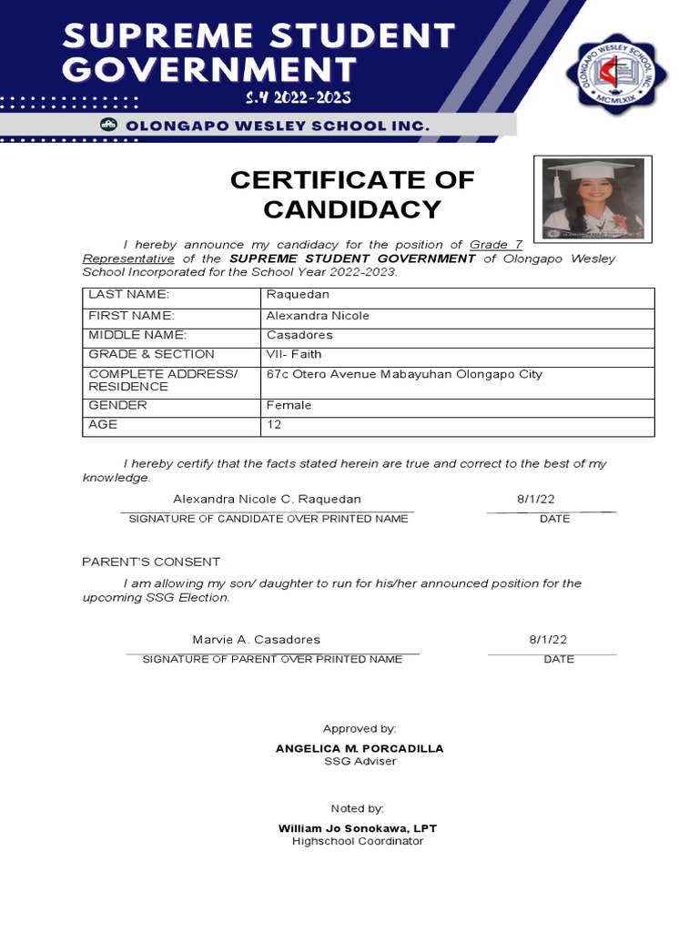 Certificate of Candidacy: Signature of Candidate Over Printed Name Date ...