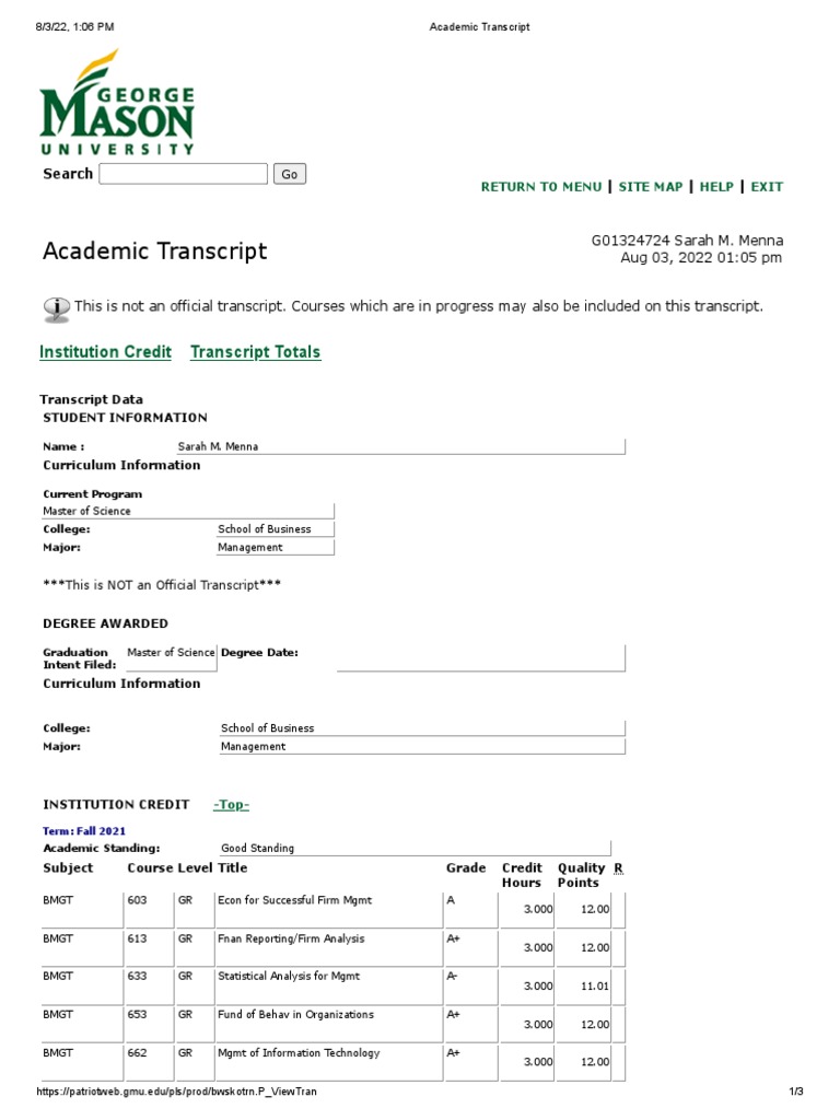 Gmu Unofficial Transcript | PDF