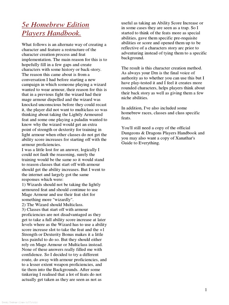 5e Homebrew Edition Players Handbook | PDF | Fantasy Role Playing Games ...