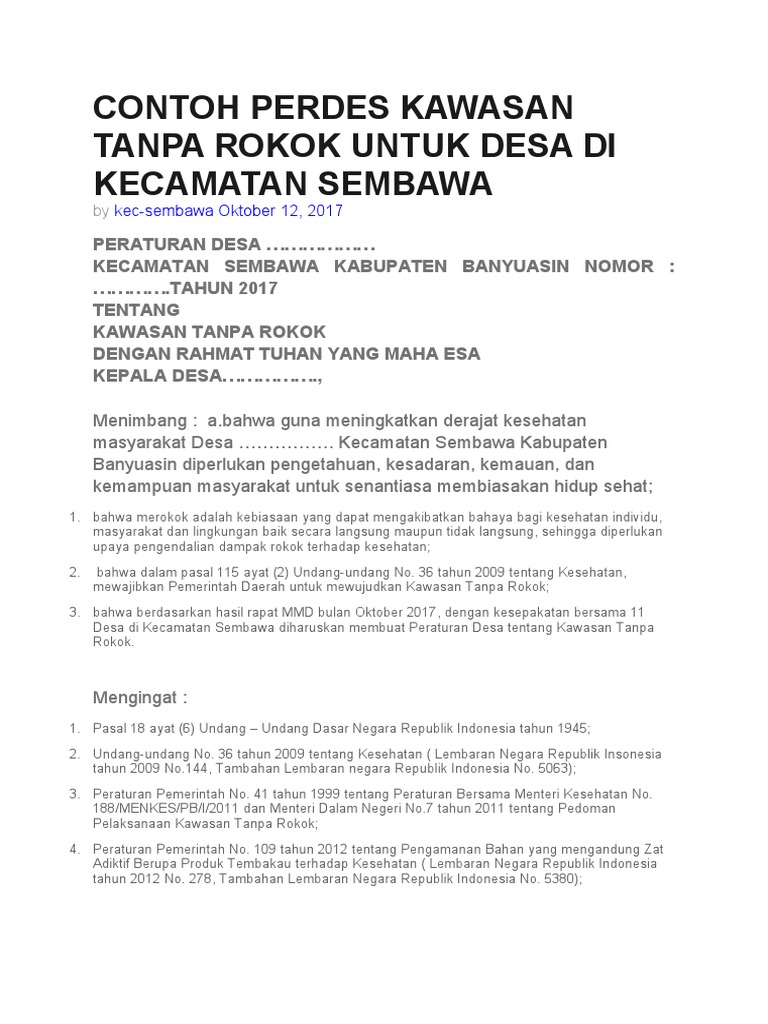 Contoh Perdes Kawasan Tanpa Rokok Untuk Desa Di Kecamatan Sembawa | PDF