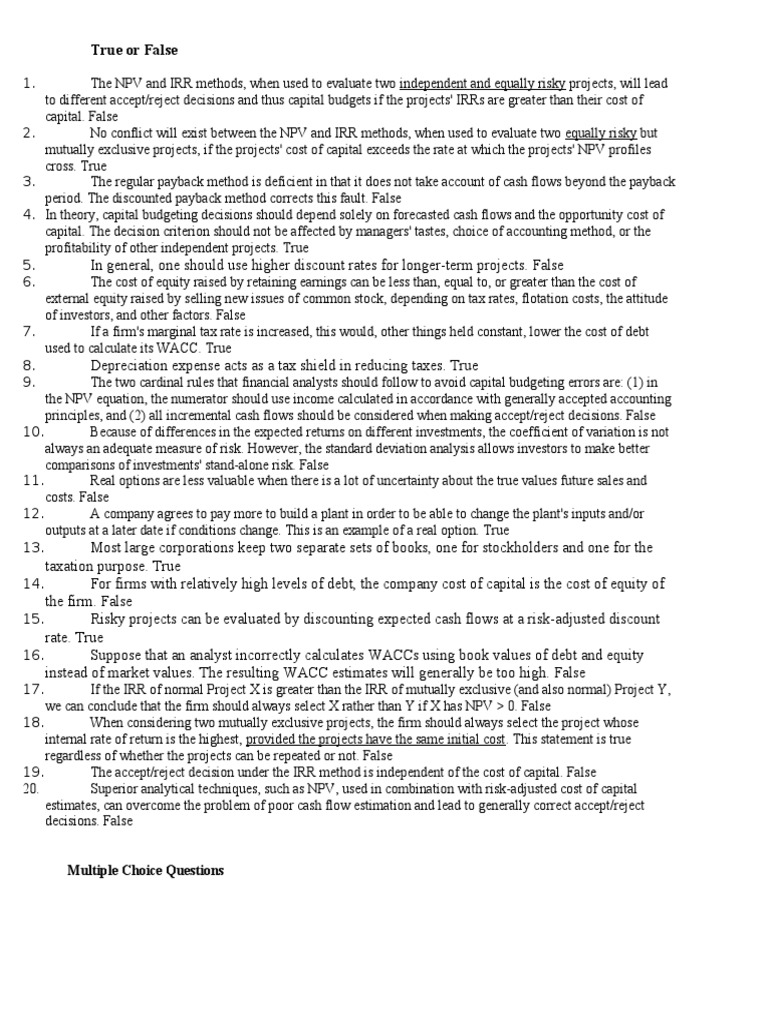 True or False: Multiple Choice Questions | PDF | Capital Structure ...