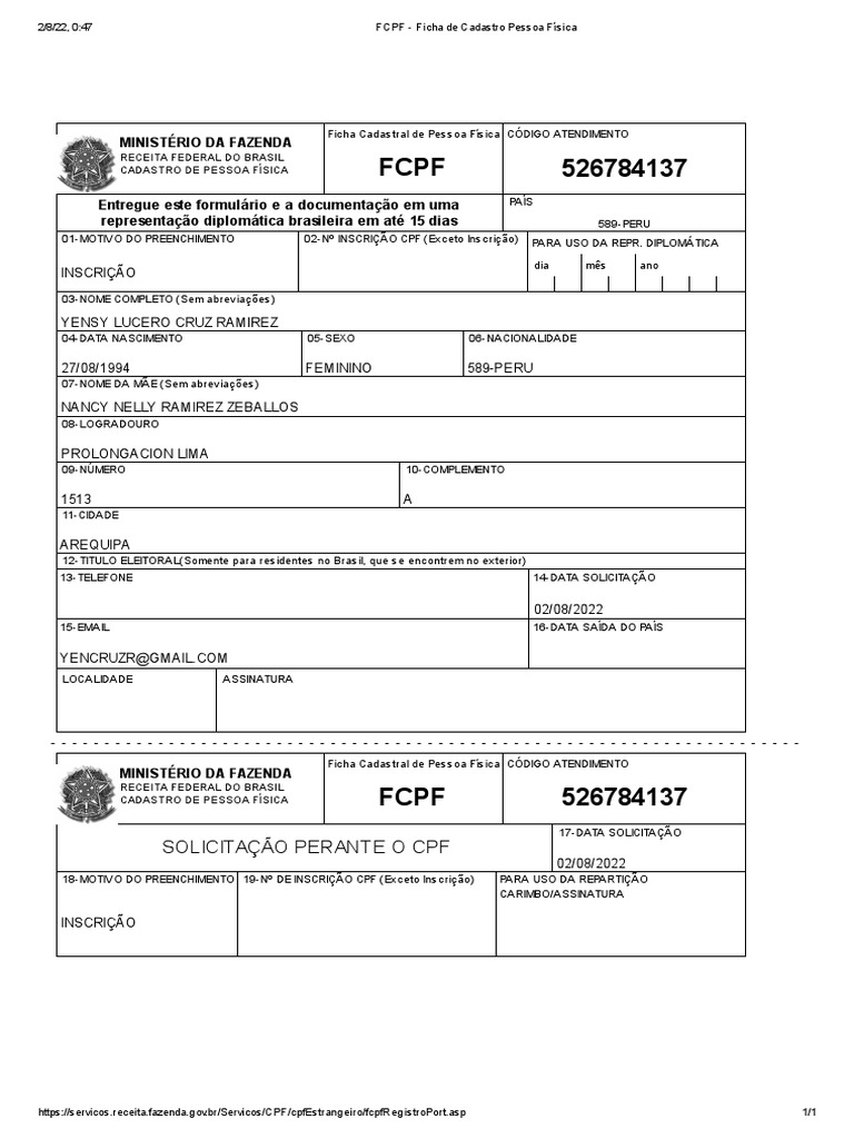 FCPF - Ficha de Cadastro Pessoa Física | PDF | Brasil