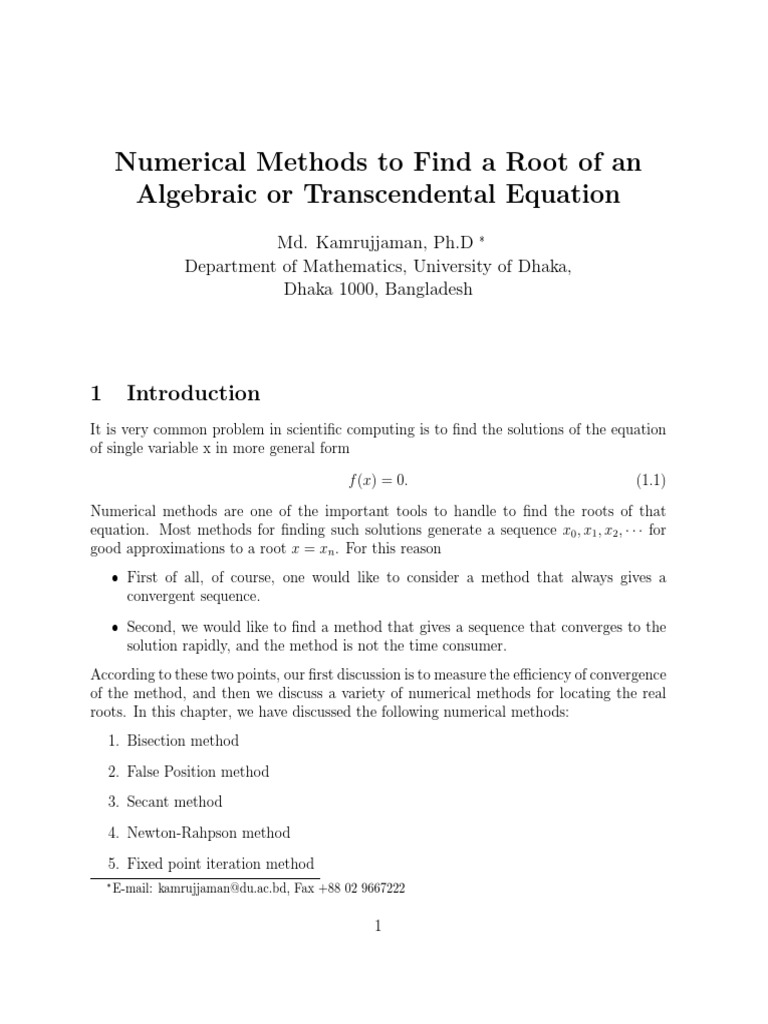 Numerical Methods for Finding Roots: A Comparison of the Bisection ...