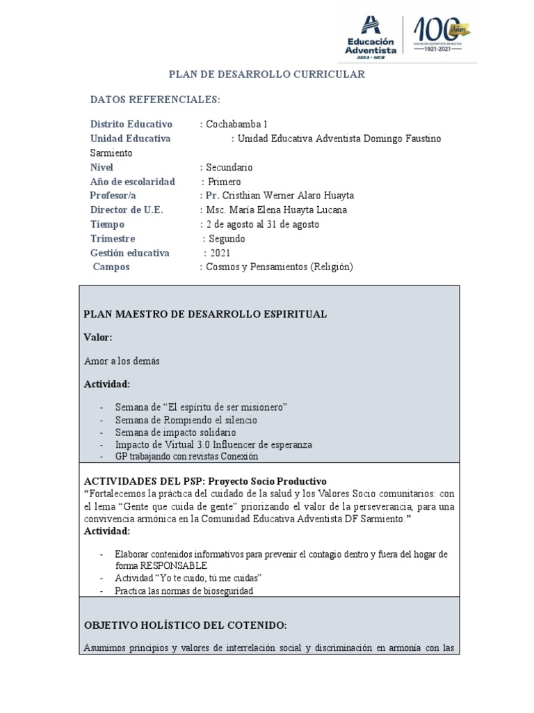 1ro Sec - PDC - Agosto | PDF | Fe | Biblia