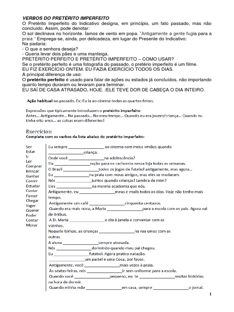 VERBOS DO PRETÉRITO IMPERFEITO e Perfeito | PDF | Brasil | Português ...