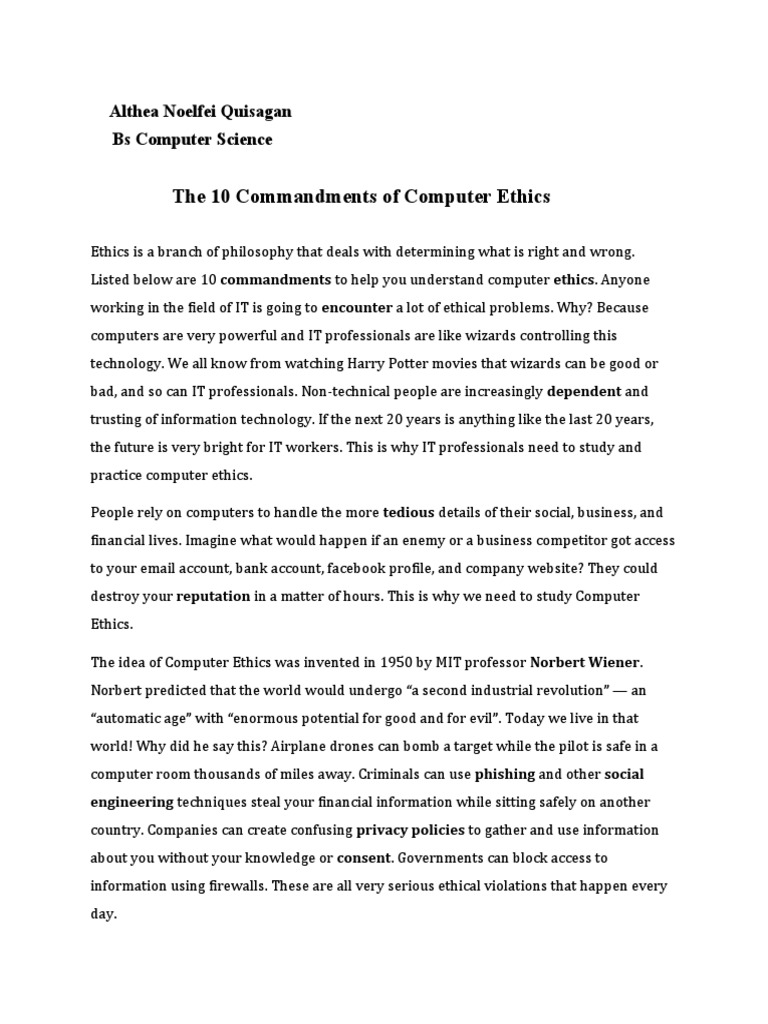 The 10 Commandments of Computer Ethics: Althea Noelfei Quisagan Bs ...