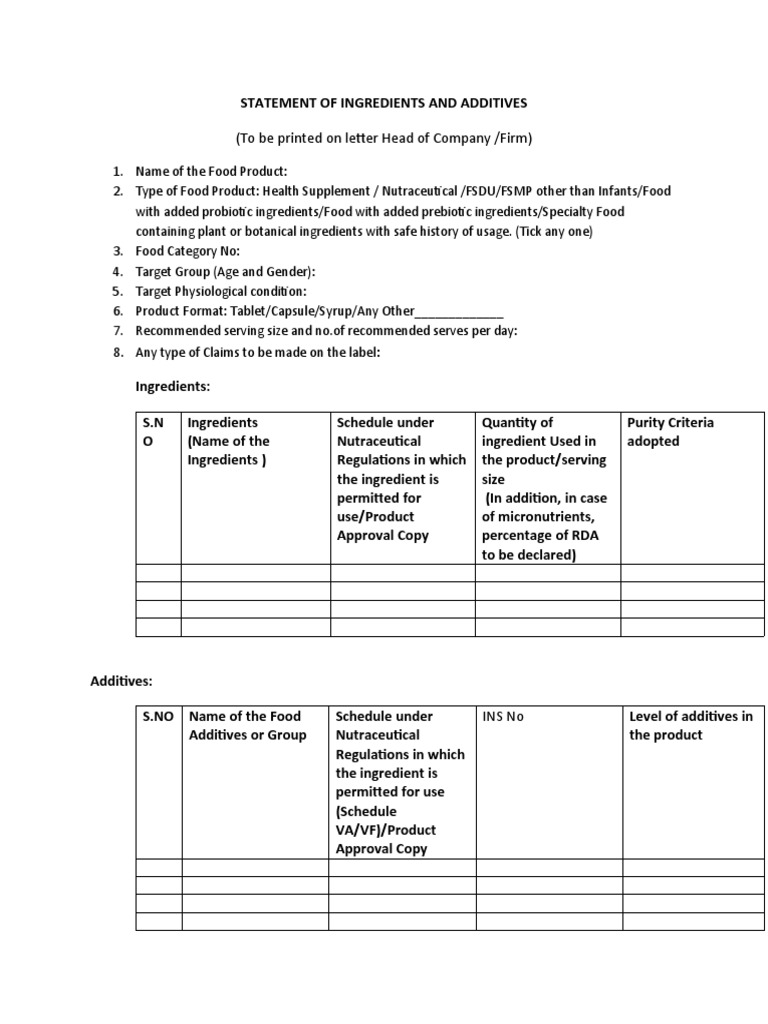 Nutraceutical Ingredients Statement Template | PDF | Nutraceutical ...