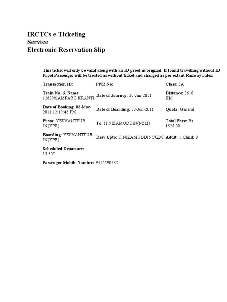 Irctc: Irctcs E-Ticketing Service Electronic Reservation Slip | PDF ...