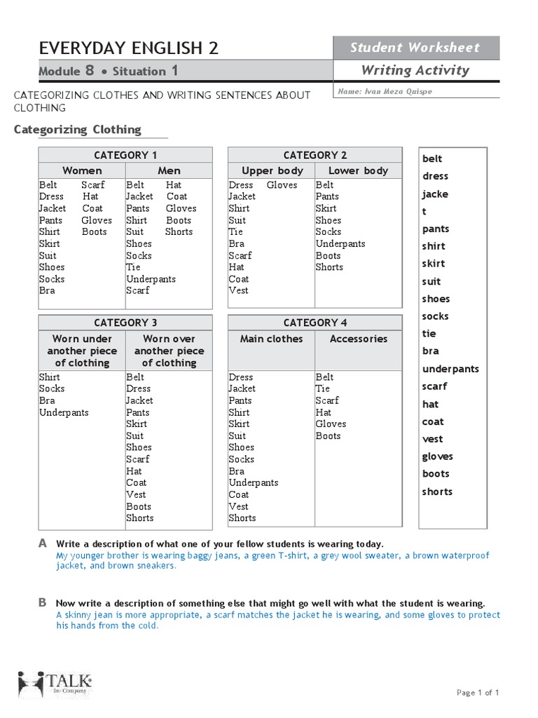 Everyday2 M8 S1 Student Writing | PDF | Clothing | Trousers