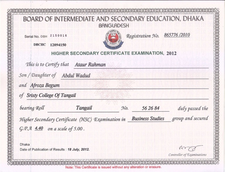 HSC Certificate | PDF