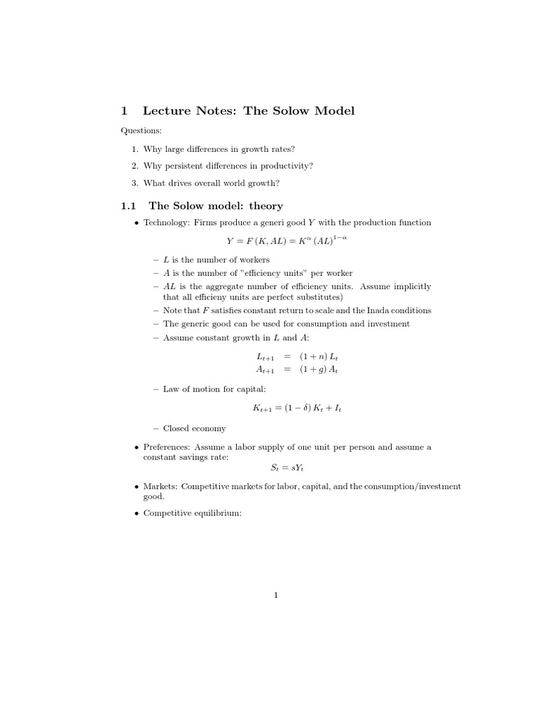 1 Lecture Notes: The Solow Model | PDF | Economic Growth | Labour Economics