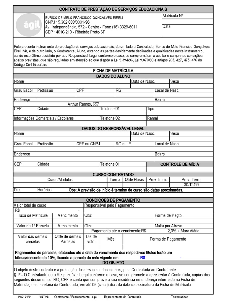 Contrato de Matricula - Versão 2021 v1 | PDF | Cheque (banco) | Business Contrato de Matricula - Versão 2021 v1 | PDF | Cheque (banco) | Business