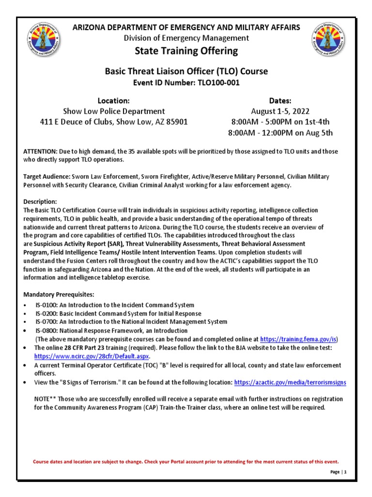 State Training Offering: Basic Threat Liaison Officer (TLO) Course ...