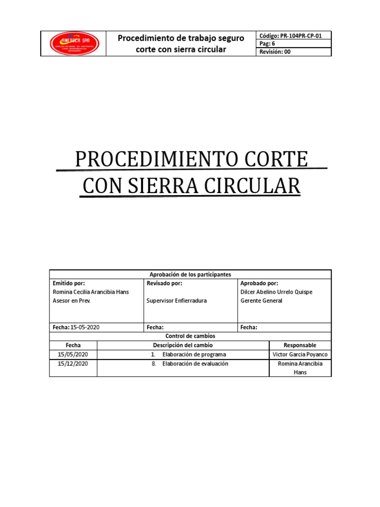 Procedimiento de Trabajo Sierra Circular | PDF | Herramientas