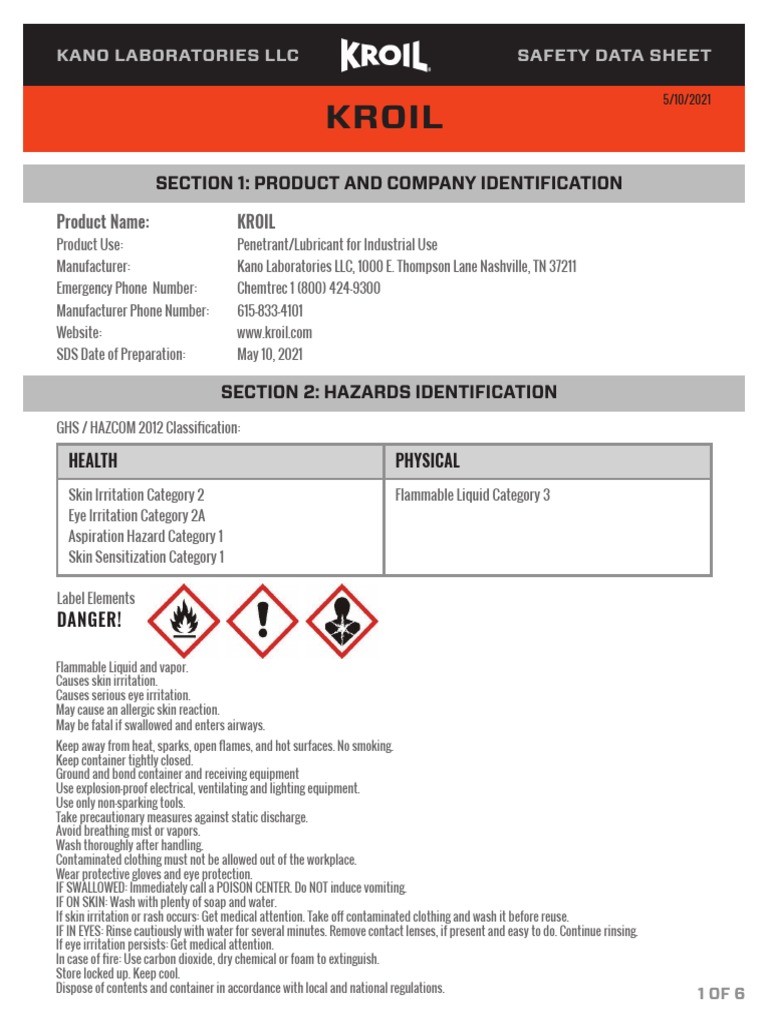 KROIL Safety Data Sheet Overview | PDF | Personal Protective Equipment ...